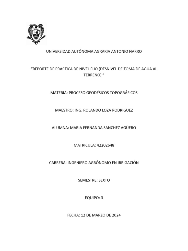 Reporte de Pract. de Nivel Fijo (Desnivel de Toma de Agua Al Terreno) | PDF