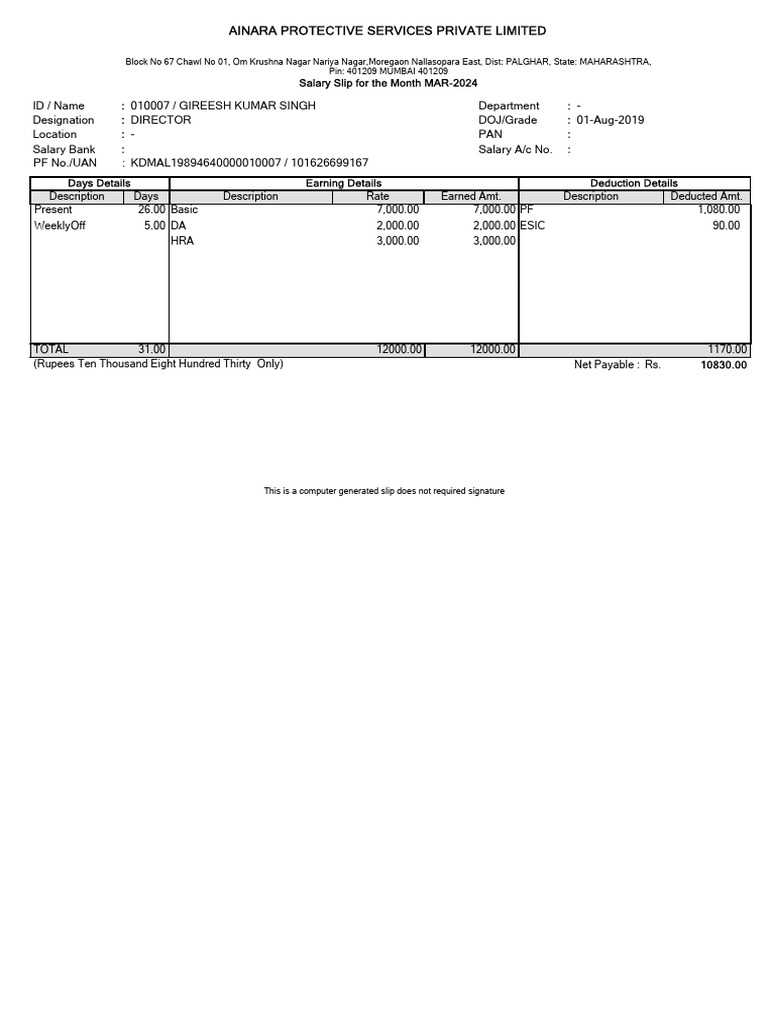 Salary Slip For Mar 2024 | PDF