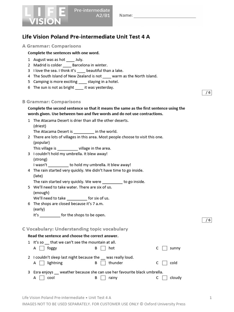 Life Vision Pre-Intermediate Unit 4 Test | PDF | Password | Online And ...
