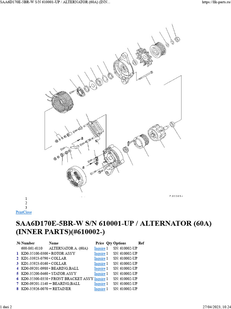Saa6d170e-5br-W S/N 610001-Up / Alternator (60a) (Inner Parts) (#610002-) | PDF | Magnetic ...