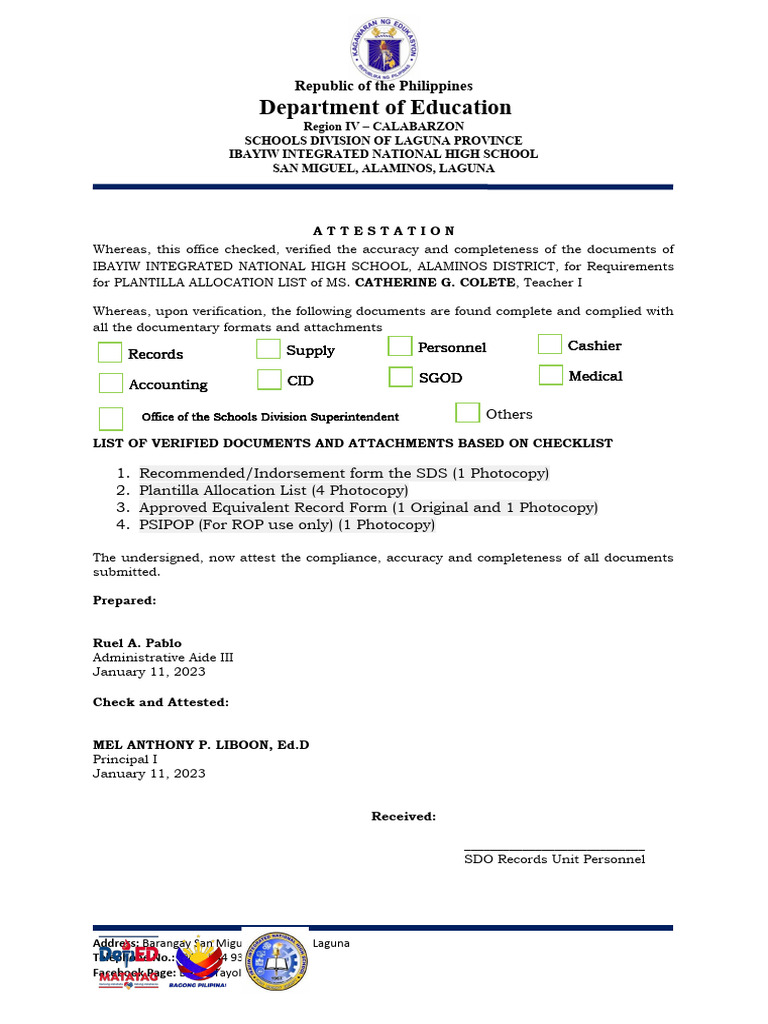 Attestation Plantilla Allocation | PDF