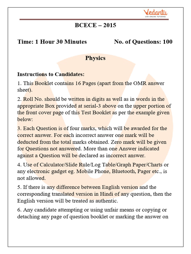 BCECE 2015 Physics Question Paper | PDF | Teaching Methods & Materials
