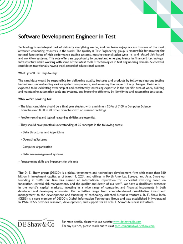 D.E. Shaw SDET Role Overview | PDF | System | Automation