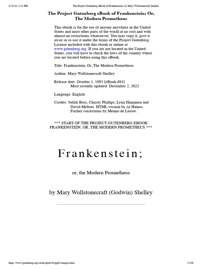 The Project Gutenberg Ebook of Frankenstein, by Mary Wollstonecraft ...