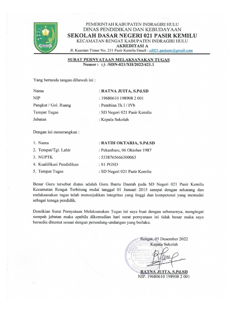 Surat Pernyataan Dari Kepala Sekolah | PDF