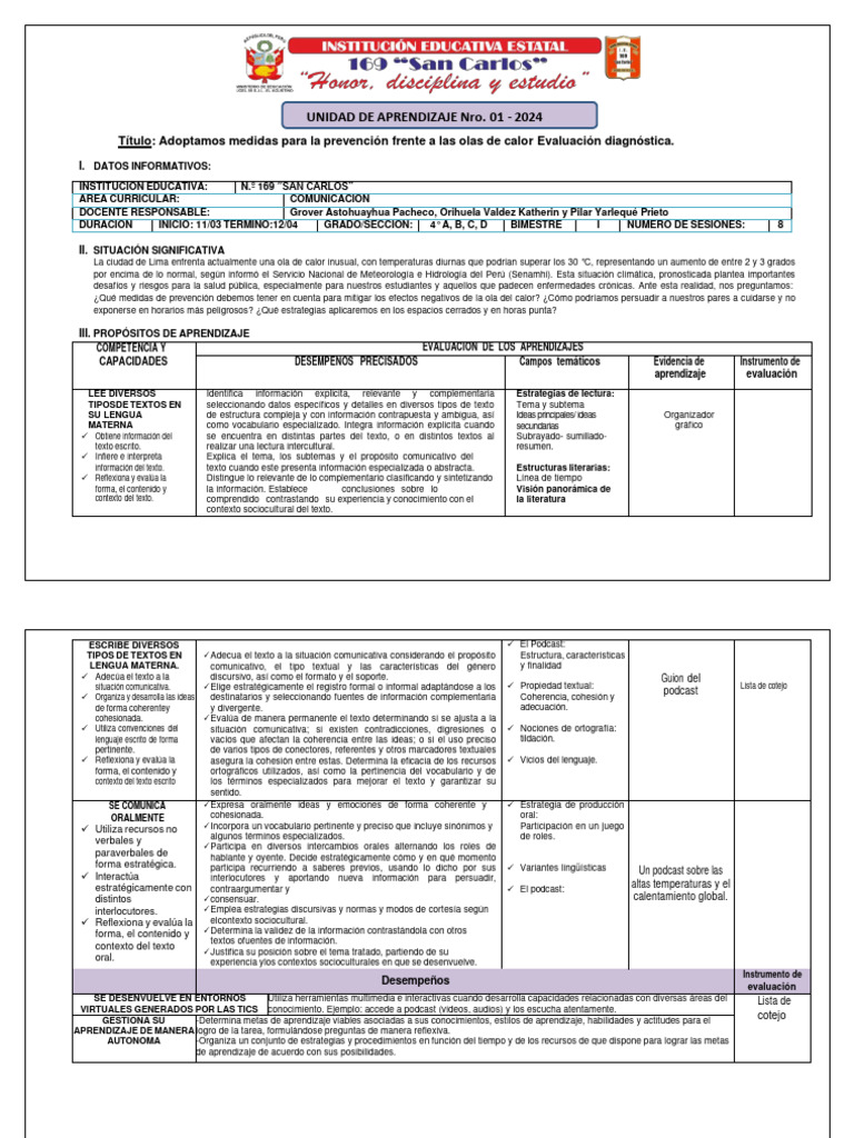 Primera Unidad Comunicación -4TO ABCD | PDF | Evaluación | Aprendizaje
