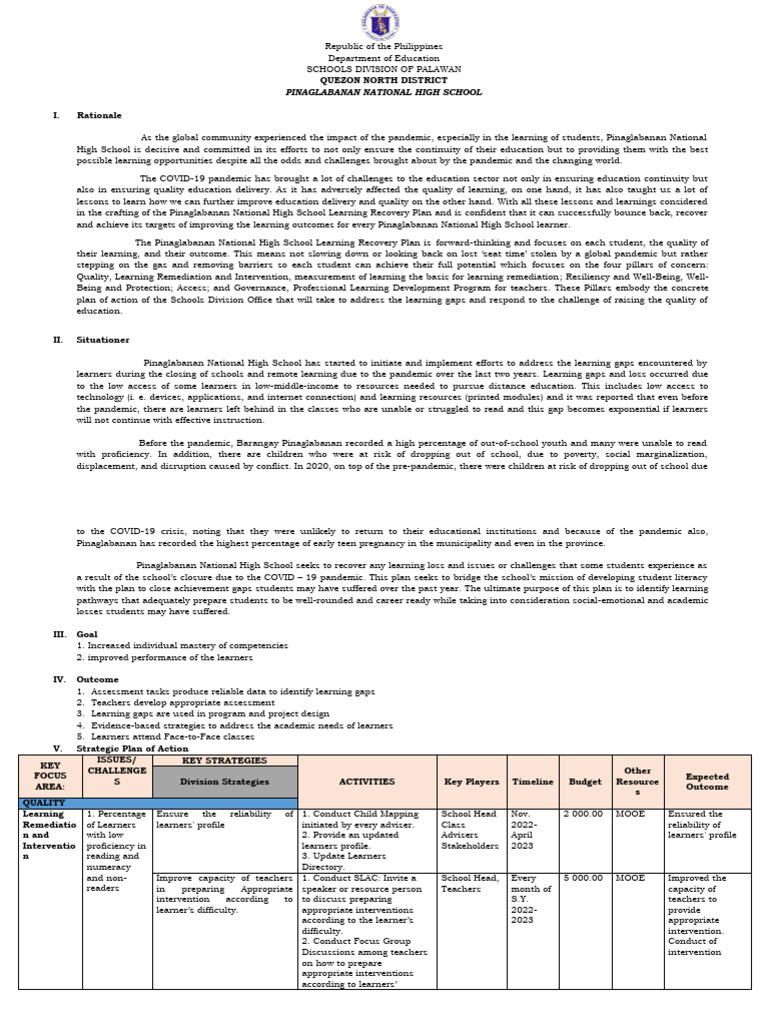 Pinaglabanan NHS Learning Recovery Plan | PDF | Educational Technology ...