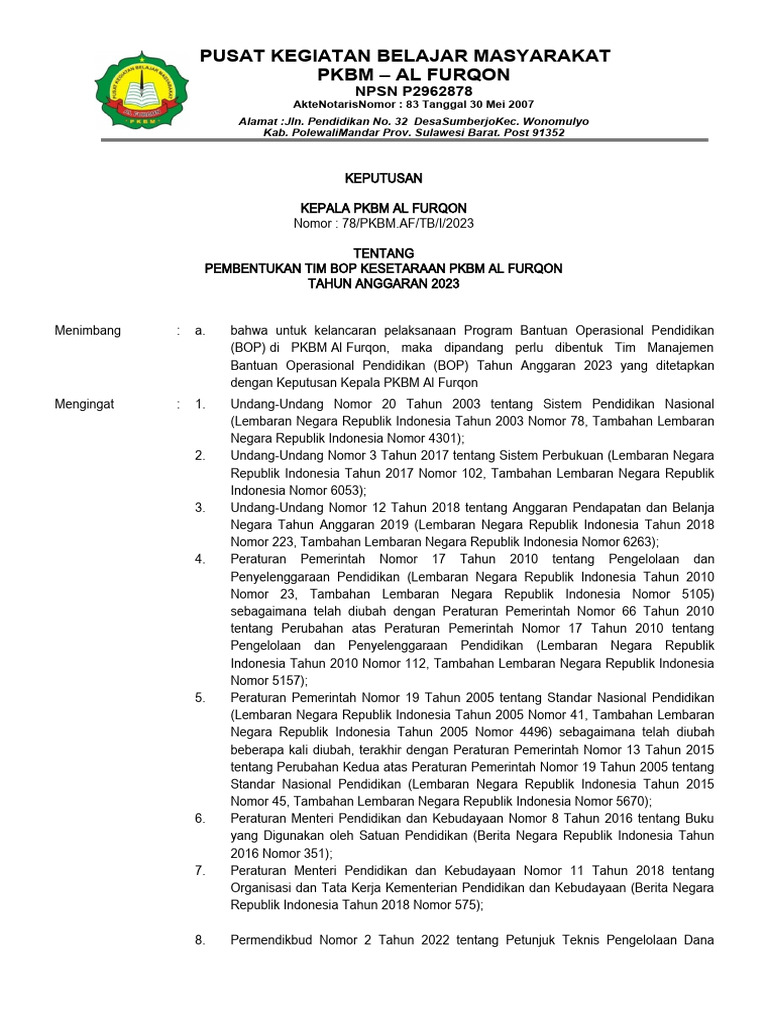 2 Contoh SK Tim BOP PAUD | PDF