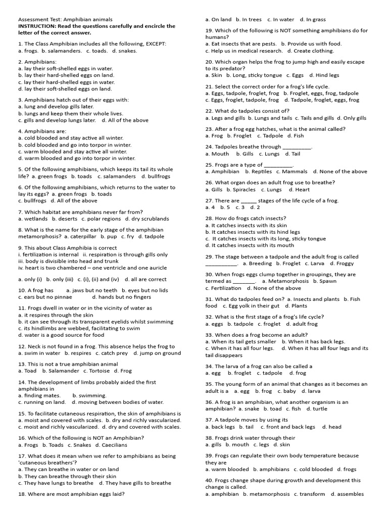 Amphibian Assessment Test Questions | PDF | Frog | Amphibian