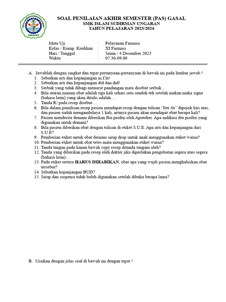 Soal KLS Xi Pelayanan Farmasi - 1 | PDF | Pengembangan Diri | Sains & Matematika