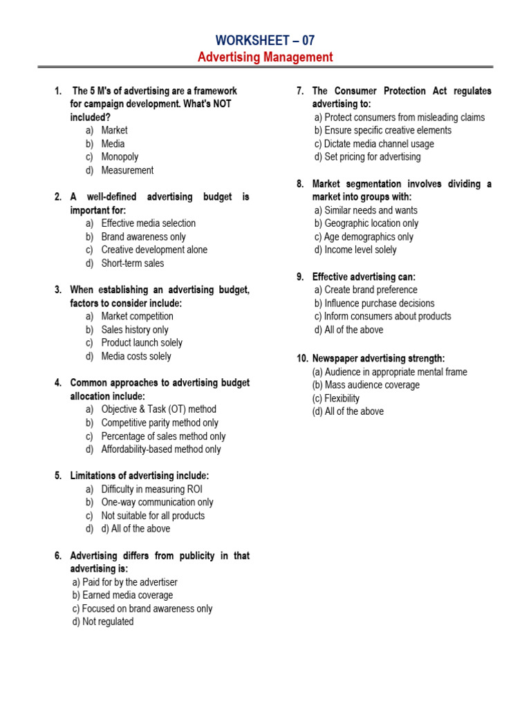 Worksheet - 07 Adv MGMT | PDF | Advertising | Marketing