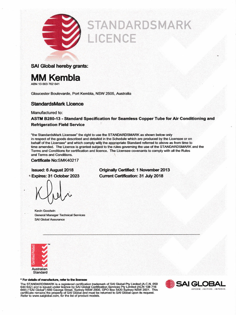 ASTM B280 Certification | PDF | License | Property Law