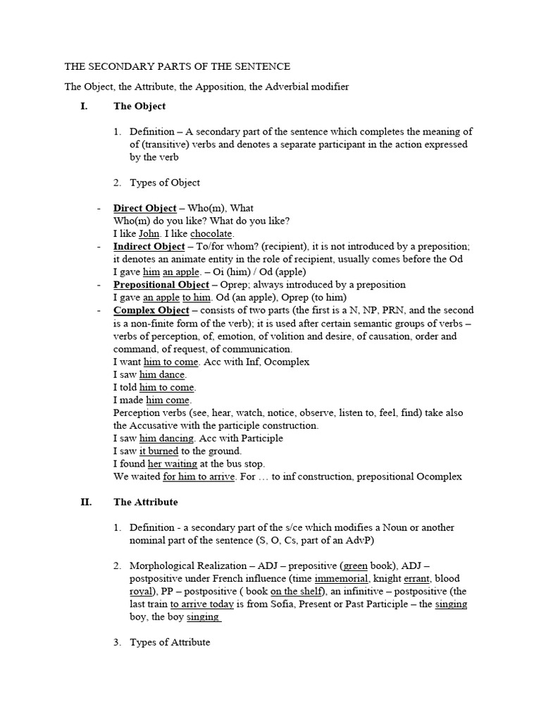 Secondary Parts of The Sentence | PDF | Grammar | Syntax