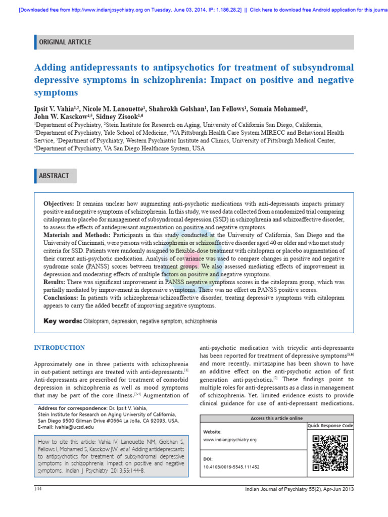 Adding Antidepressants To Antipsychotics For Treatment of Subsyndromal ...