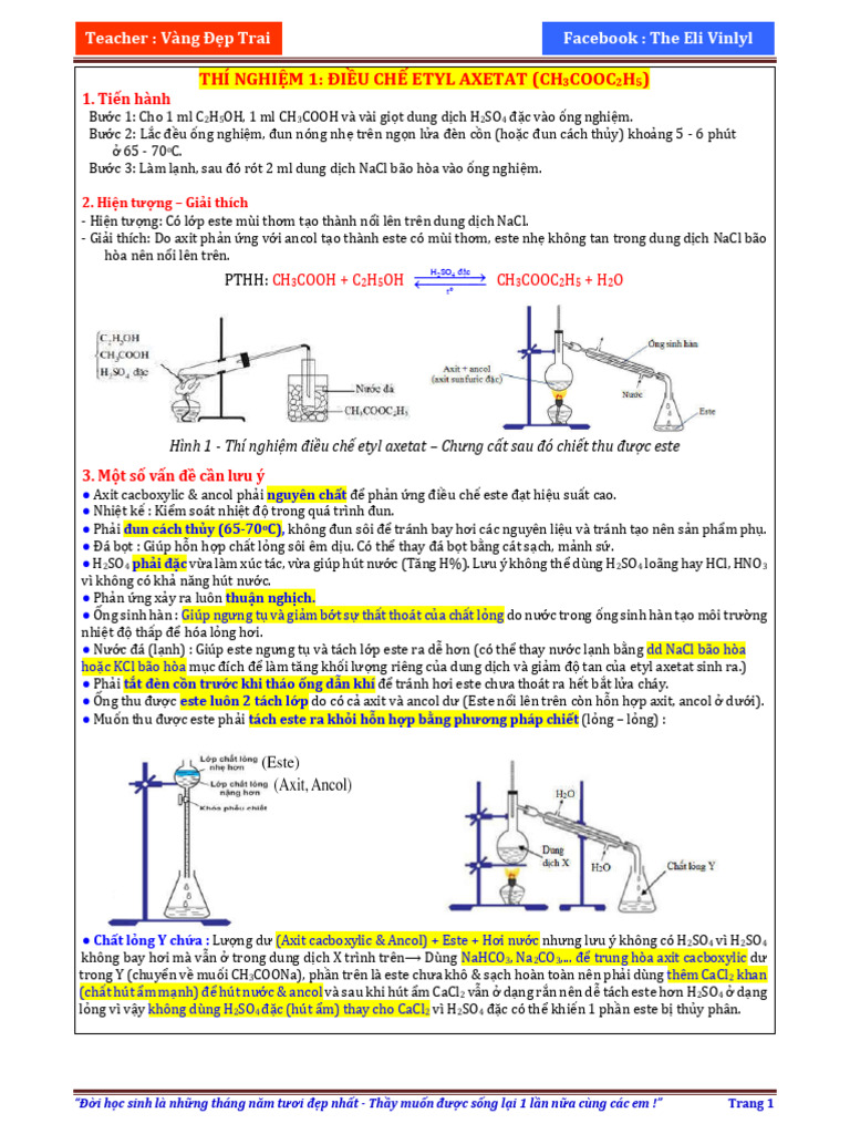Thí Nghiệm 1: Điều Chế Etyl Axetat (Ch Cooc H) : Teacher: Vàng Đẹp Trai ...
