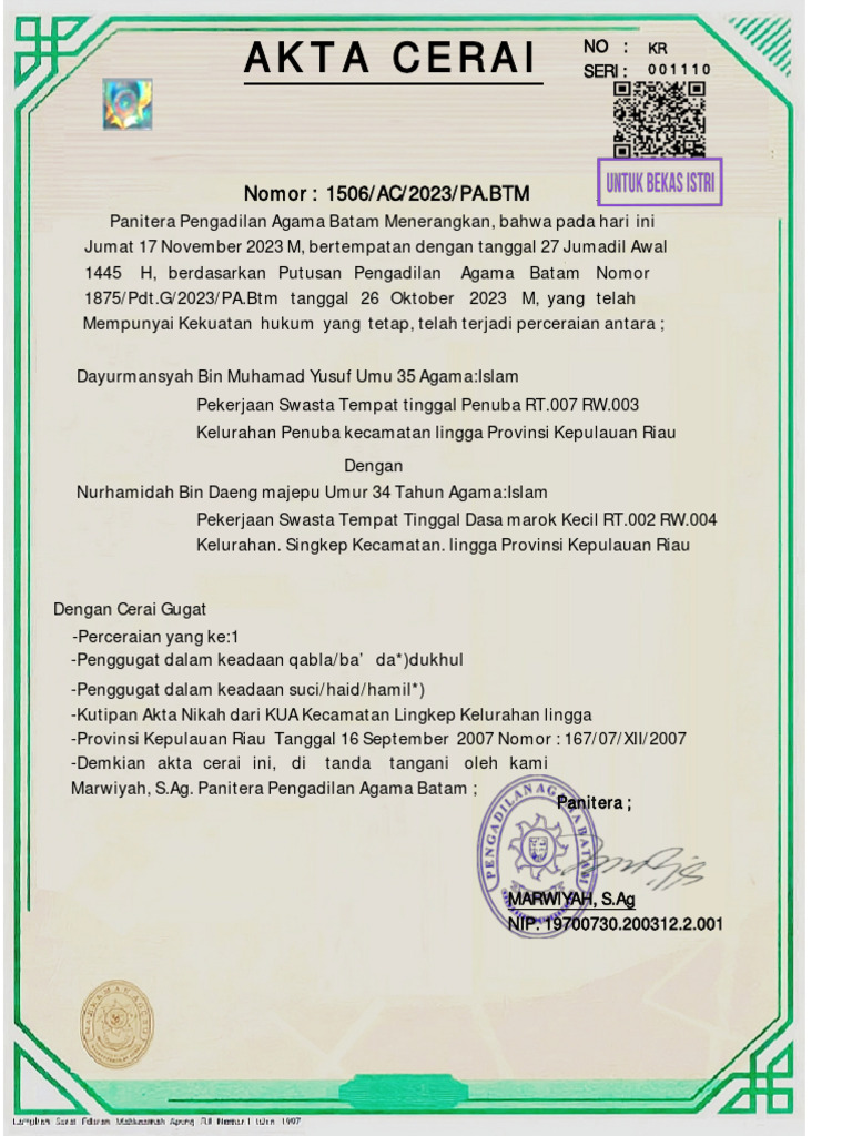 Akta Cerai Pengadilan Batam | PDF