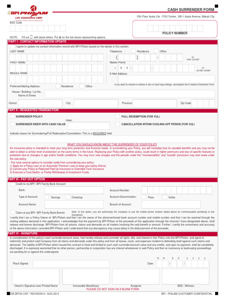 Cash Surrender Form BPLAC | PDF | Insurance | Banks