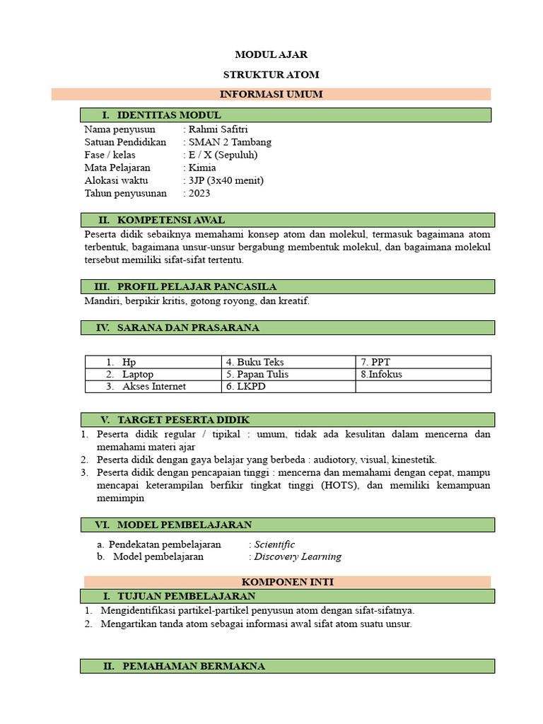 Modul Ajar Struktur Atom Kelas 10 | PDF