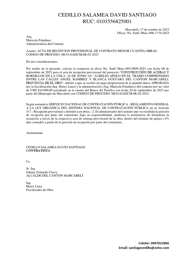 Oficio de Solicitud de Acta de Recepcion Provisional Iii | PDF