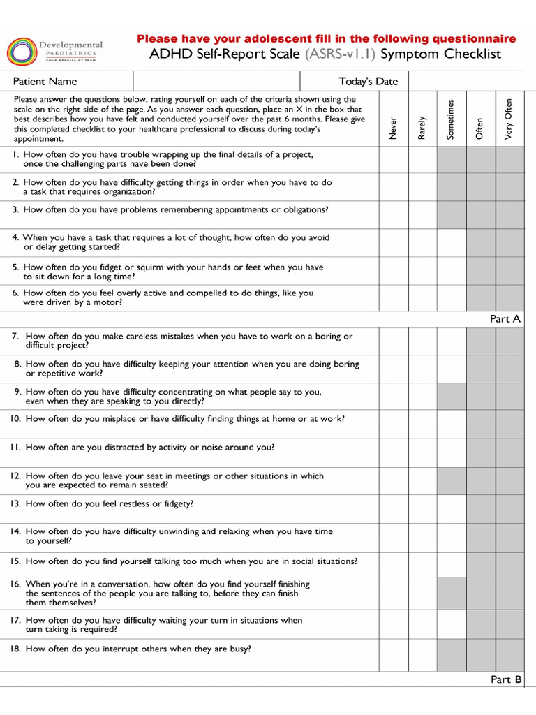 ADHD Self Report Questionnaire | PDF