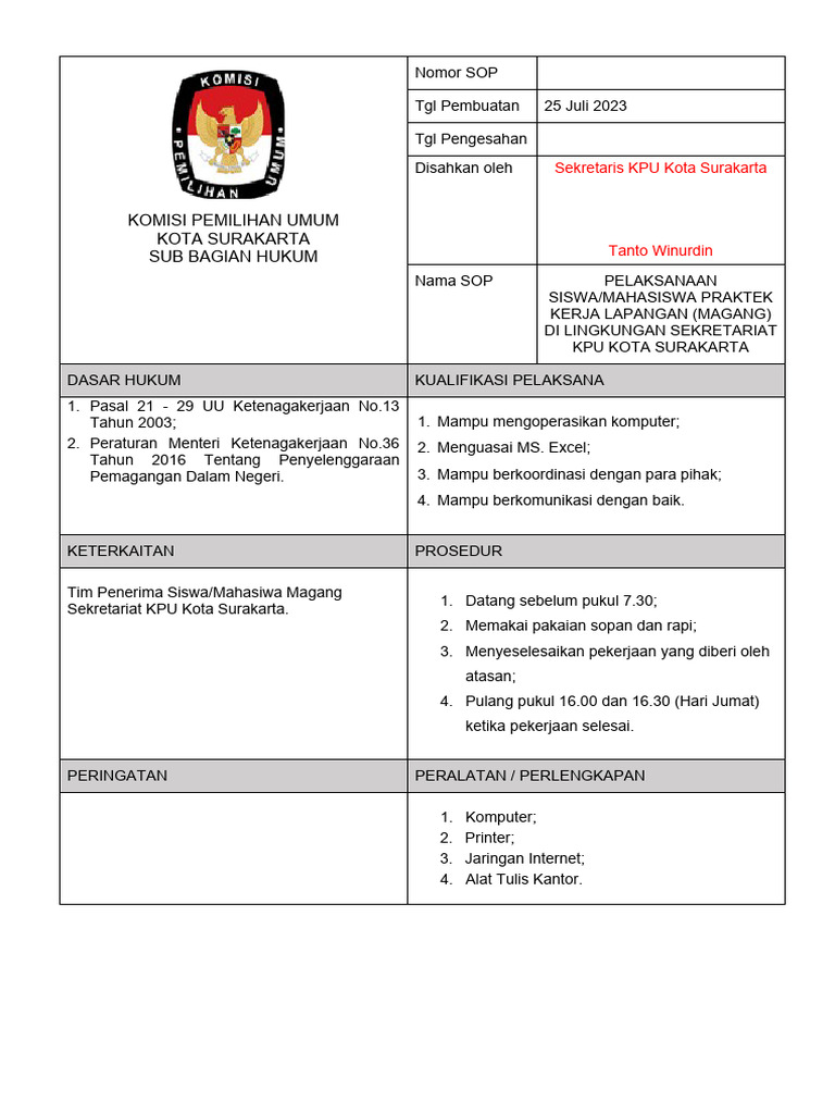 SOP Peserta Magang KPU Kota Surakarta | PDF