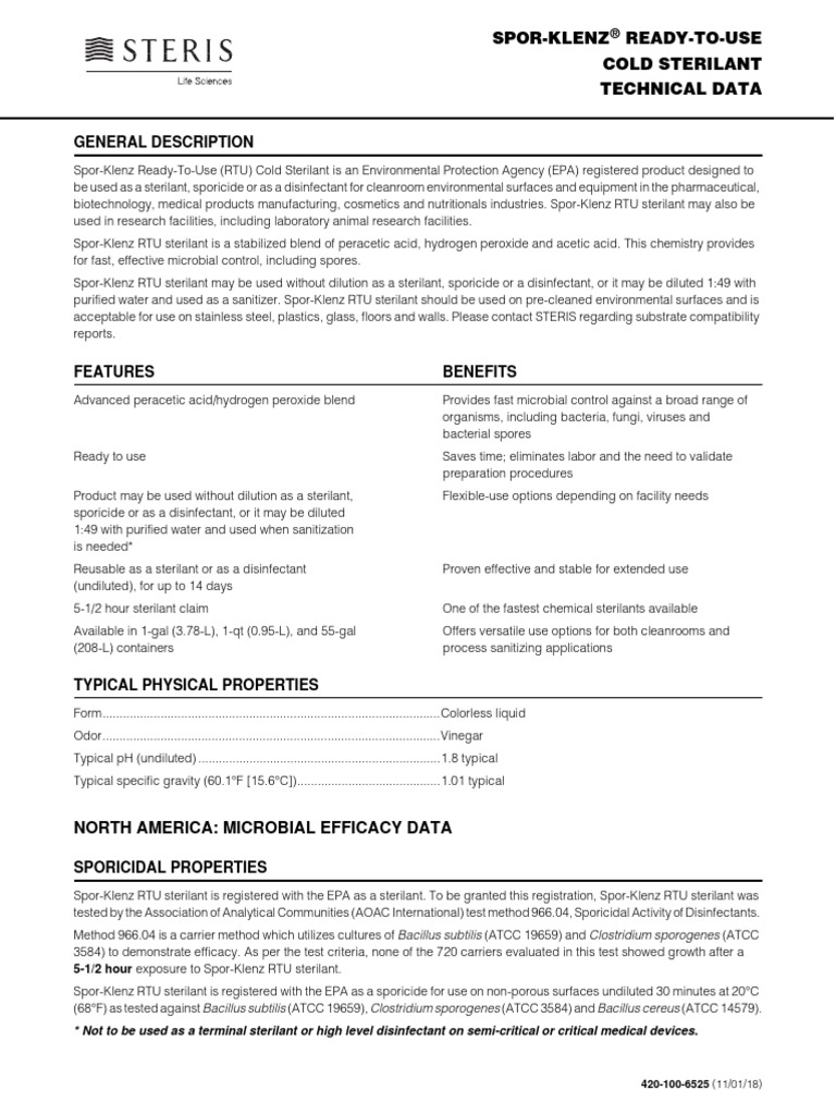 STERIS Spor Klenz Ready To Use Cold Sterilant TDS 420 100 6525A | PDF ...