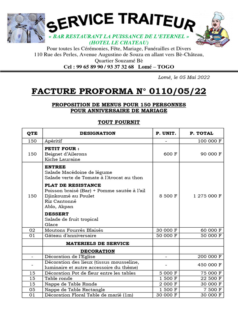 Facture Proforma pour Événements Restauration | PDF | Cuisine de l ...