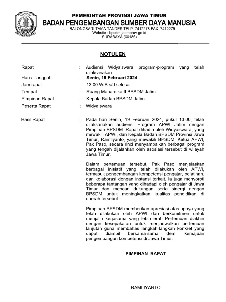 Audiensi APWI dan BPSDM Jatim 2024 | PDF