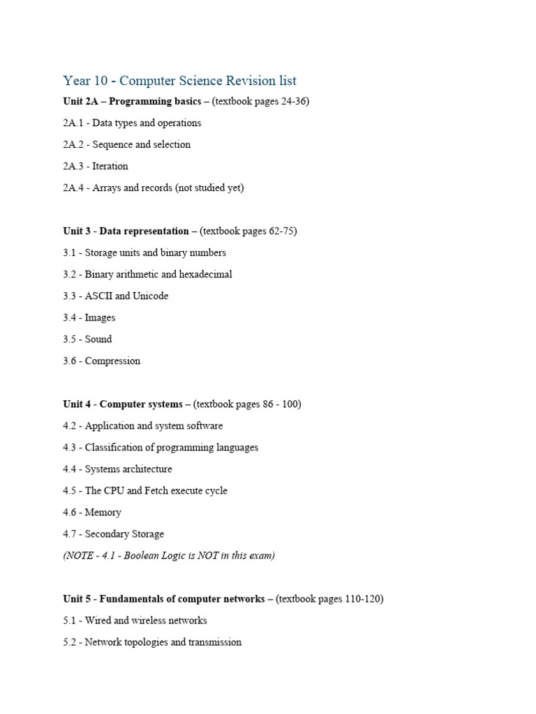 Year 10 Computer Science Revision List | PDF | Computers