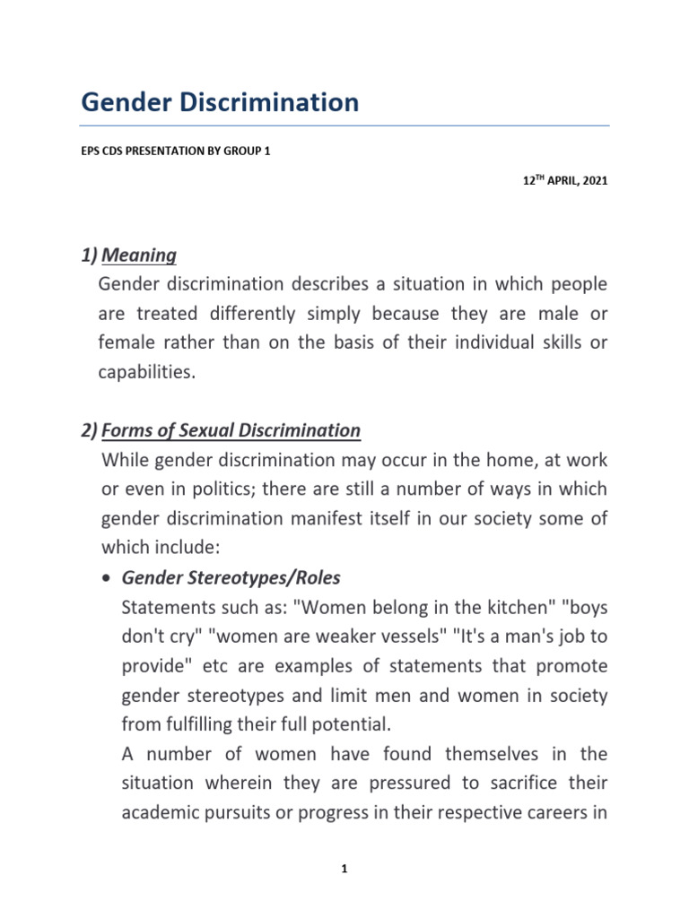 01gender Discrimination | PDF | Gender | Gender Studies