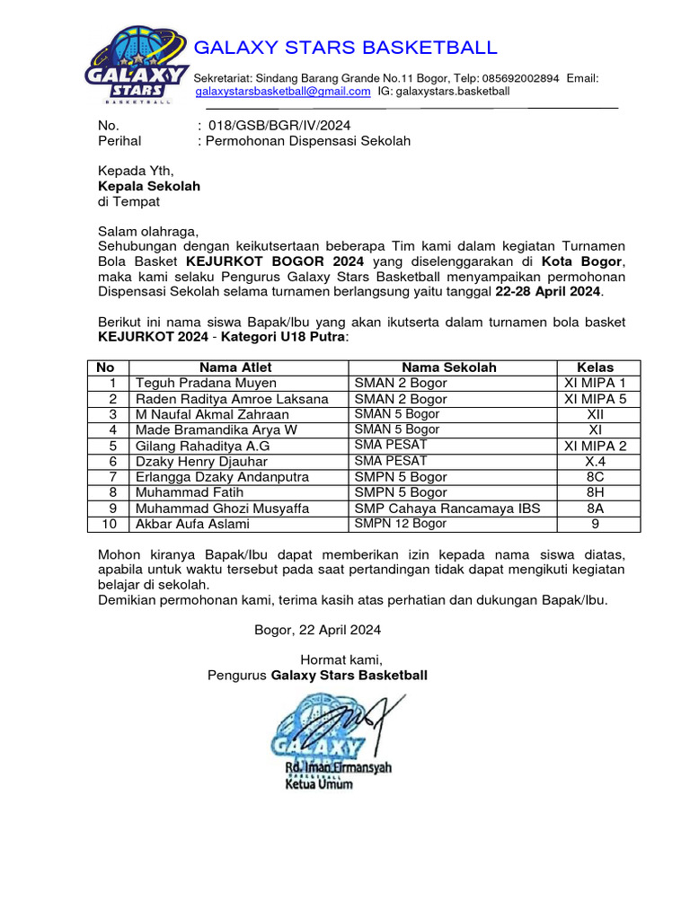 Surat Permohonan Dispensasi Atlet Turnamen Basket KEJURKOT 2024 Kota ...