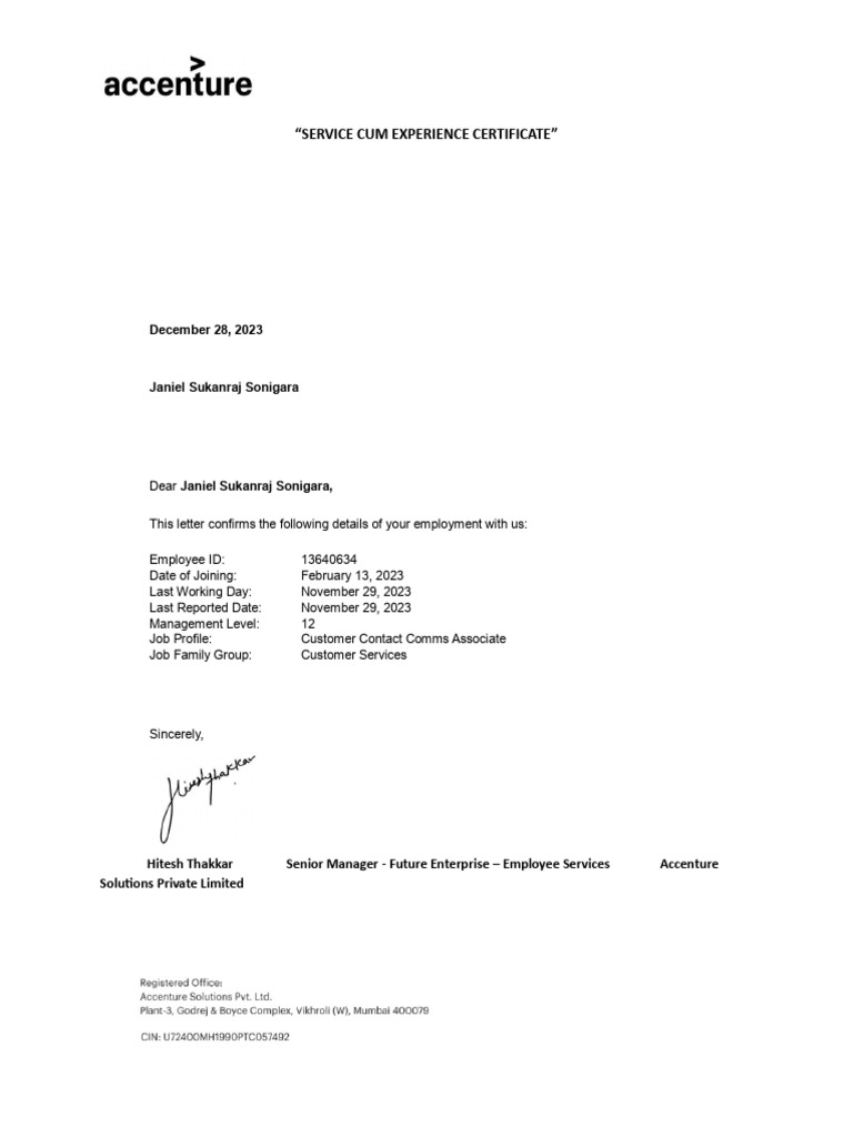 Accenture Experience Letter. | PDF