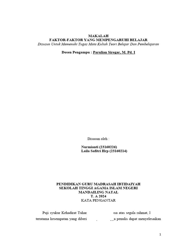 Makalah Teori Belajar Dan Pembelajaran (Faktor Faktor Mempengaruhi Belajar Dan Pembelajaran) | PDF
