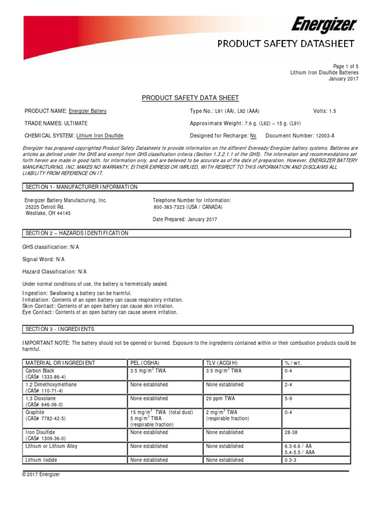 Energizer L91 - AA - FR6 Lithim Batterries MSDS | PDF | Lithium Ion ...