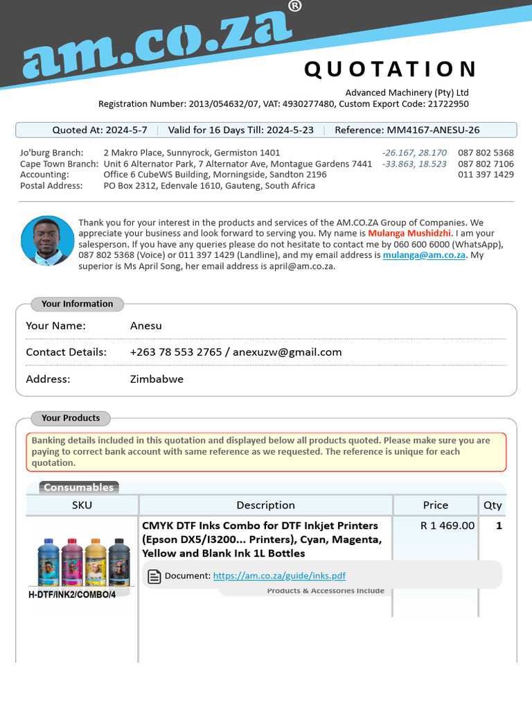 AM - CO.ZA Quotation MM4167-ANESU-26 | PDF | Value Added Tax | Printer (Computing)