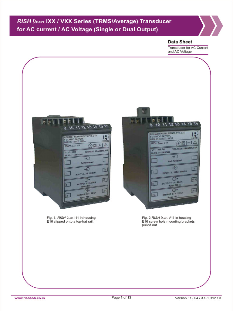 Rishabh Instruments Data Sheets Transducers | PDF | Power Supply | Alternating Current