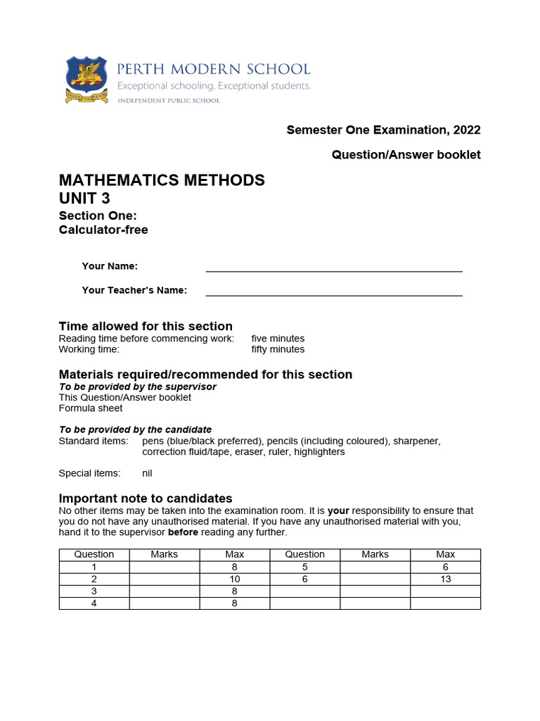 2022 Year 12 Mathematics Methods Semester 1 Exam (CF) Solutions | PDF ...