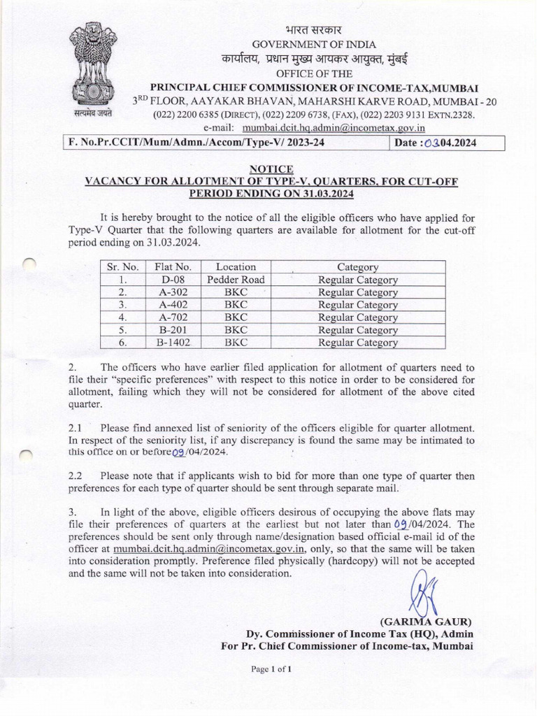 Notice For Quarter Vacancy Type V For The Cut Off Period 31-03-2024 | PDF