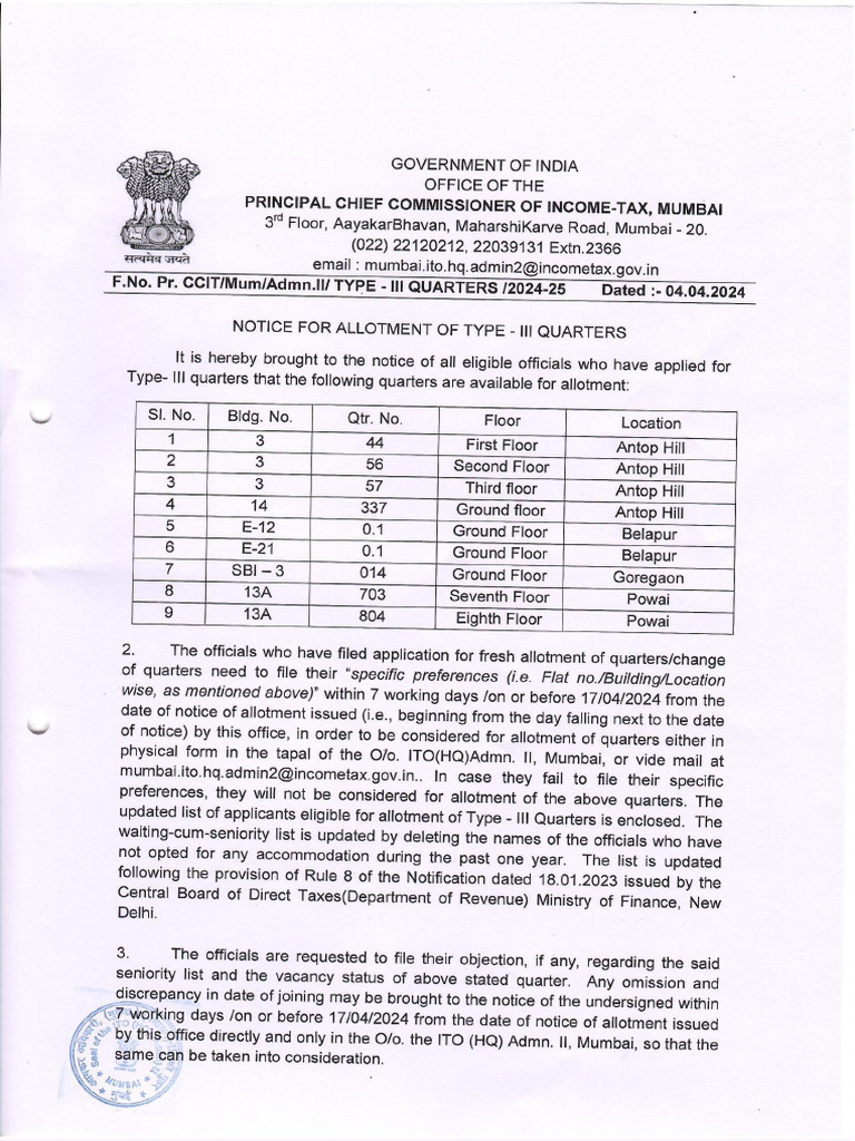 Notice For Allotment of Type III Quarters Dated 04 04 2024 | PDF