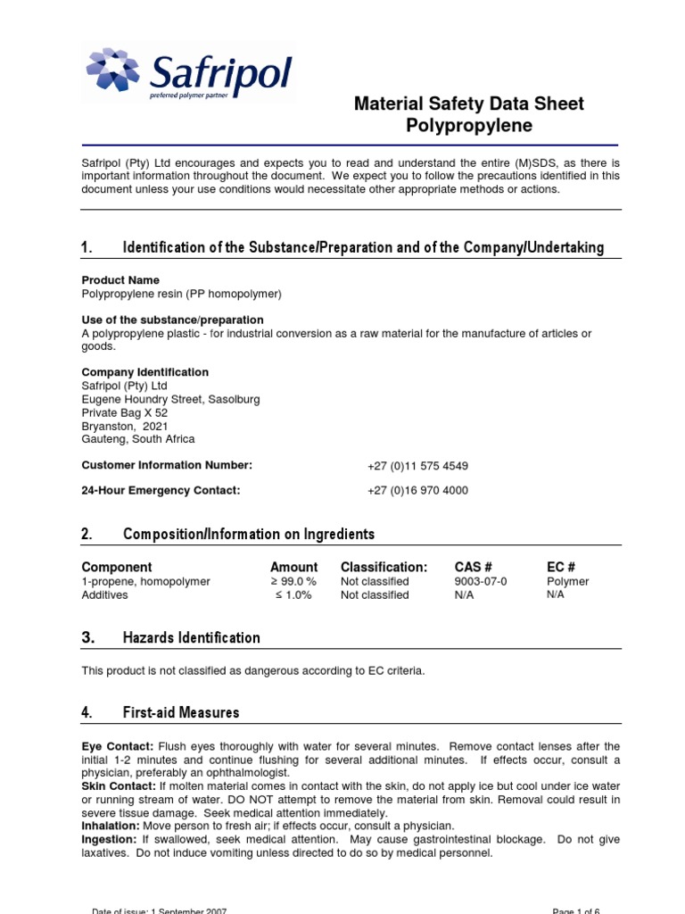 Msds PP | PDF | Firefighting | Occupational Hygiene