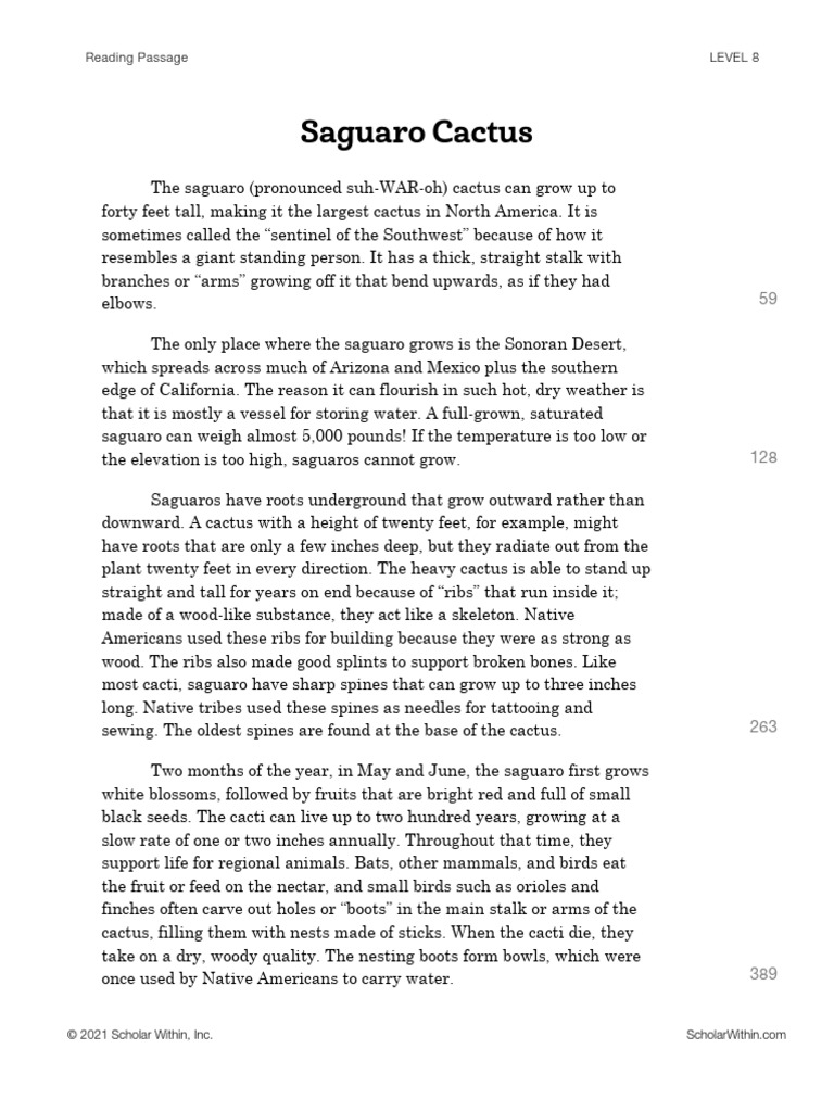 Reading Fluency Passage Grade Level 8 Saguaro Cactus Instructor 1 | PDF ...