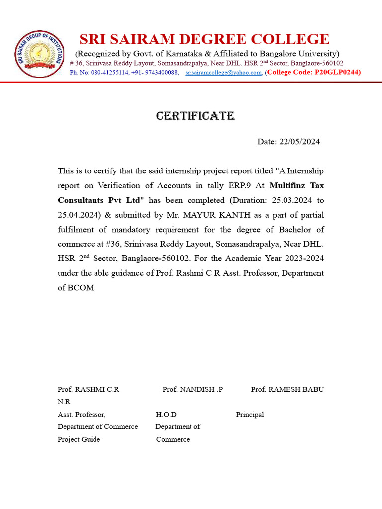 College Internship Certificates. Rahul PDF | PDF | Professor | Economies