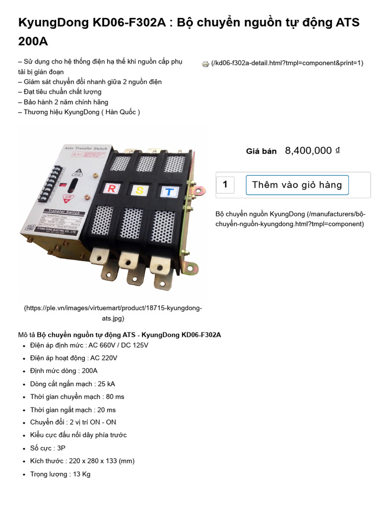 KyungDong KD06-F302A - Bộ chuyển nguồn tự động ATS 200A | PDF