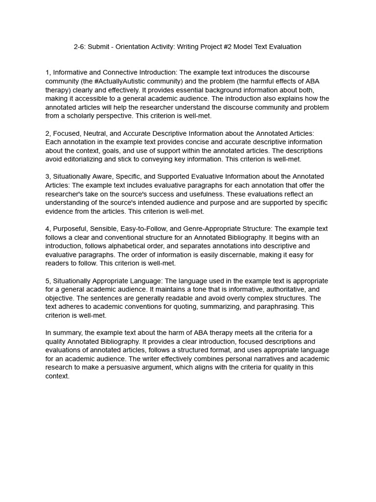 2-6 - Writing Project #2 Model Text Evaluation | PDF | Evaluation ...