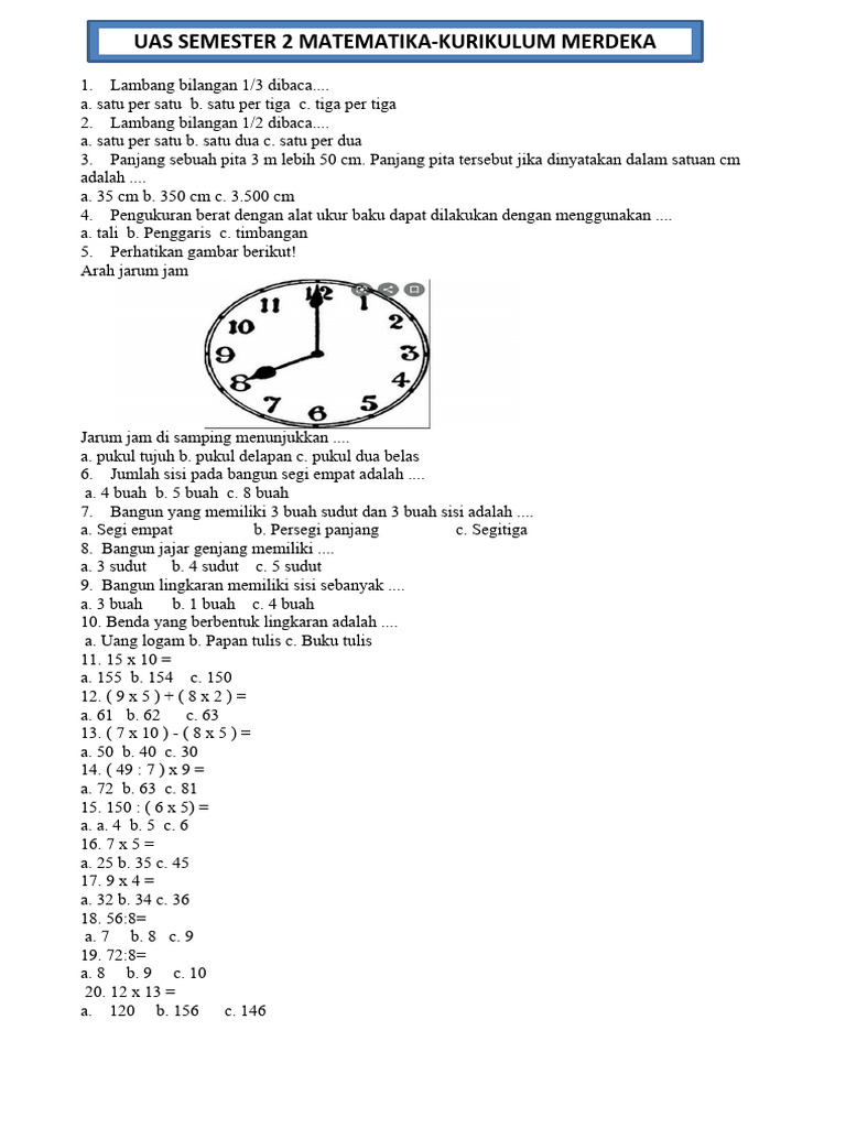 1 UAS Matematika Kelas 2SD K-Merdeka | PDF