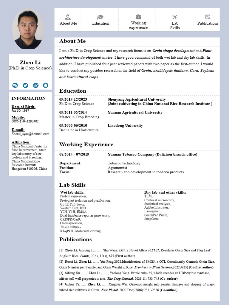 CV - Zhen LI | PDF | Rice | Plant Breeding