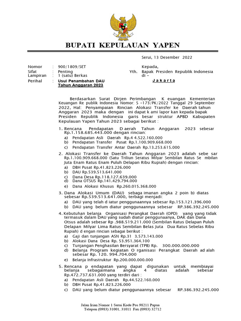 Surat Bupati Kep. Yapen - Usul Penambahan DAU 2023 (Presiden RI) | PDF Surat Bupati Kep. Yapen - Usul Penambahan DAU 2023 (Presiden RI) | PDF