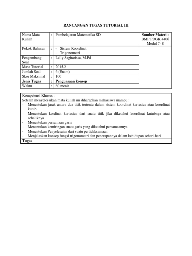 SOAL TUGAS TUTORIAL III PDGK 4406 Pemb. Ma. SD | PDF