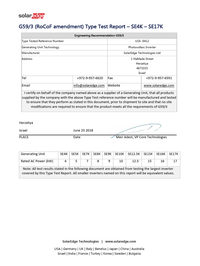 G59/3 Type Test Report for Solar Inverters | PDF | Mains Electricity ...