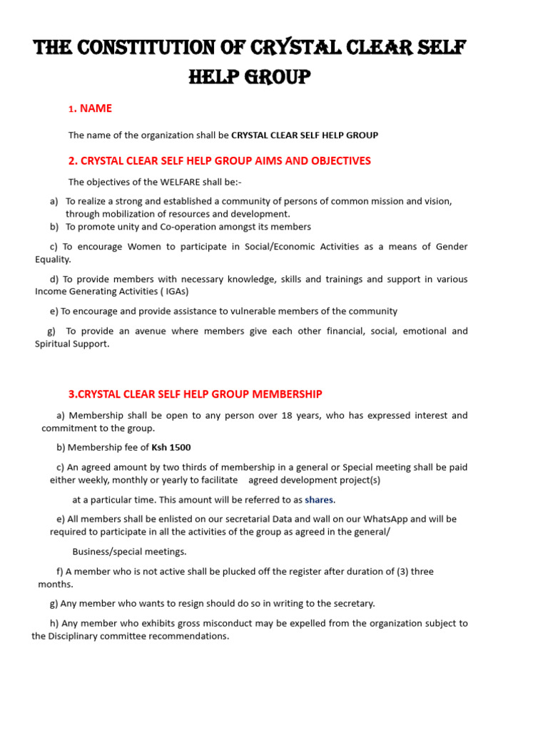 Crystal Clear Self Help Group Constitution | PDF | Committee | Board Of Directors
